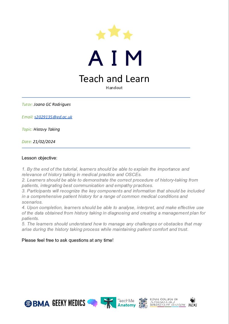 AIM Year 4 Tutorial: History Taking (Handout) | Content | MedAll